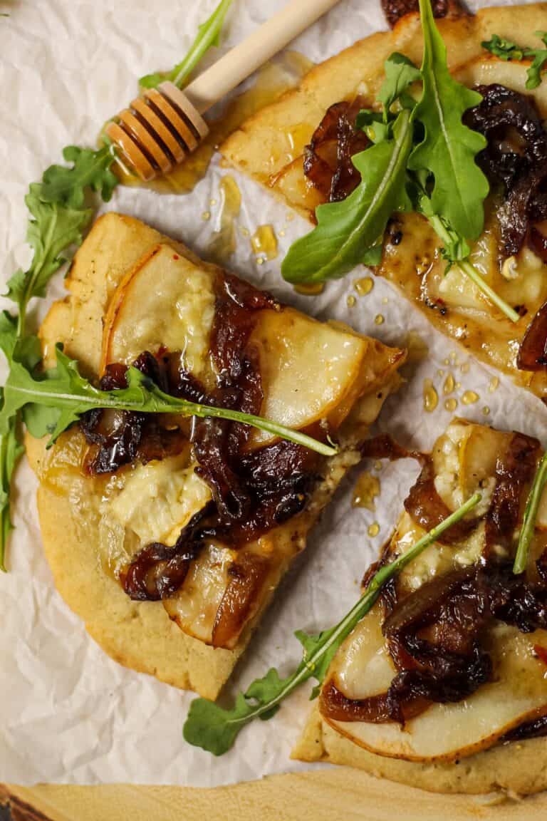 Pear, Brie and Caramelized Onion Flatbread - Pink Owl Kitchen