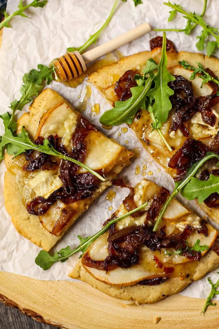 Pear, Brie and Caramelized Onion Flatbread - Pink Owl Kitchen
