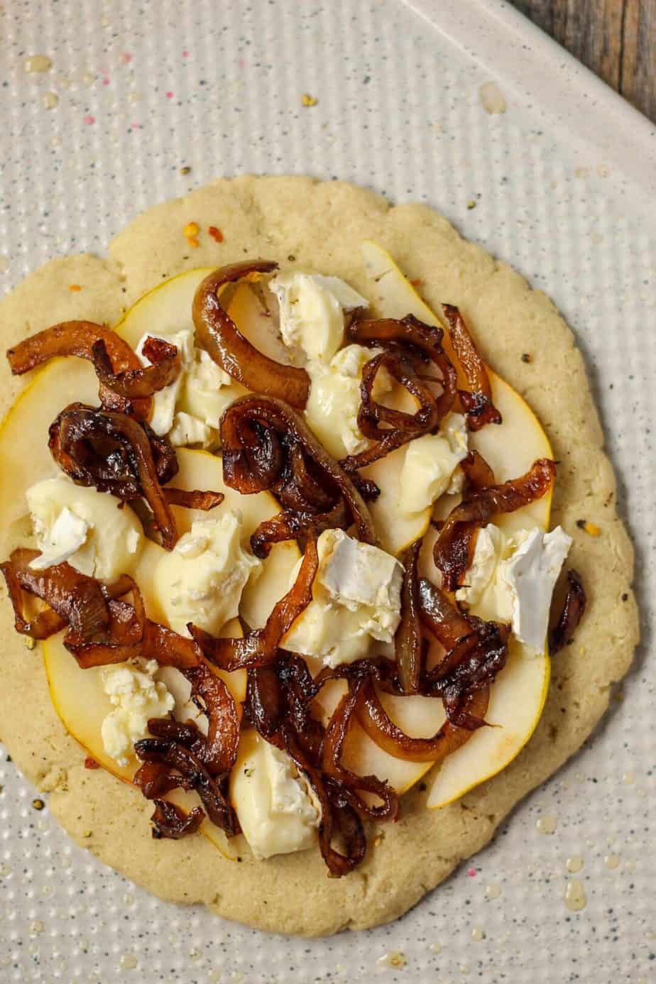 Pear, Brie and Caramelized Onion Flatbread - Pink Owl Kitchen