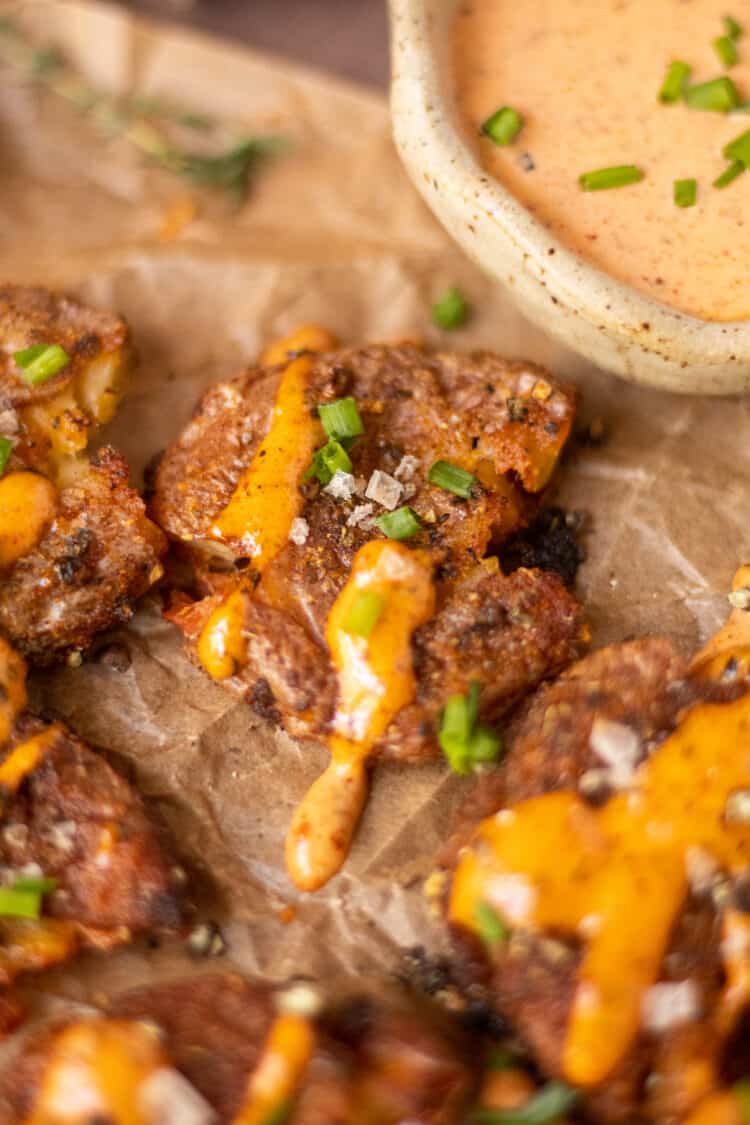 Crispy Smashed Potatoes with Creole Sauce - Pink Owl Kitchen