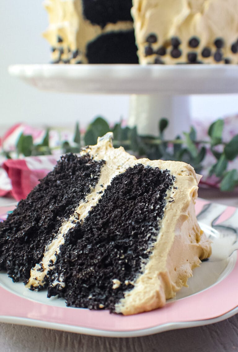 Midnight Dark Chocolate Cake with Peanut Butter Frosting - Pink Owl Kitchen