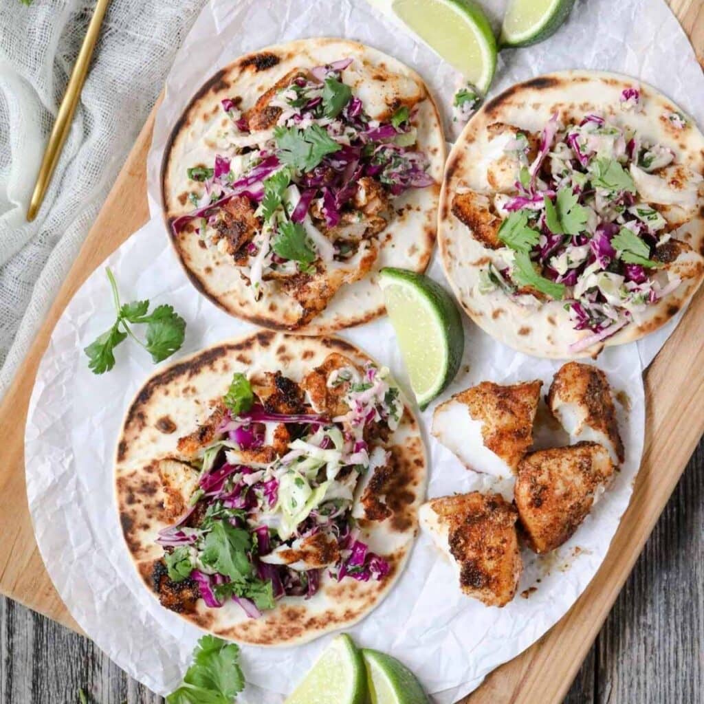 Blackened Redfish Tacos with Cilantro Lime Slaw - Pink Owl Kitchen