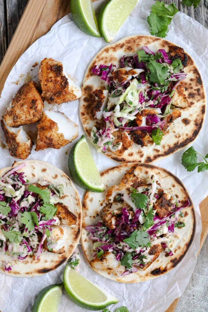 Blackened Redfish Tacos with Cilantro Lime Slaw - Pink Owl Kitchen