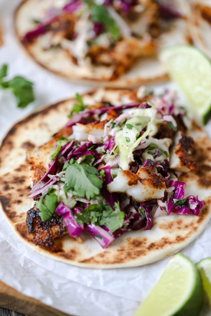 Blackened Redfish Tacos with Cilantro Lime Slaw - Pink Owl Kitchen