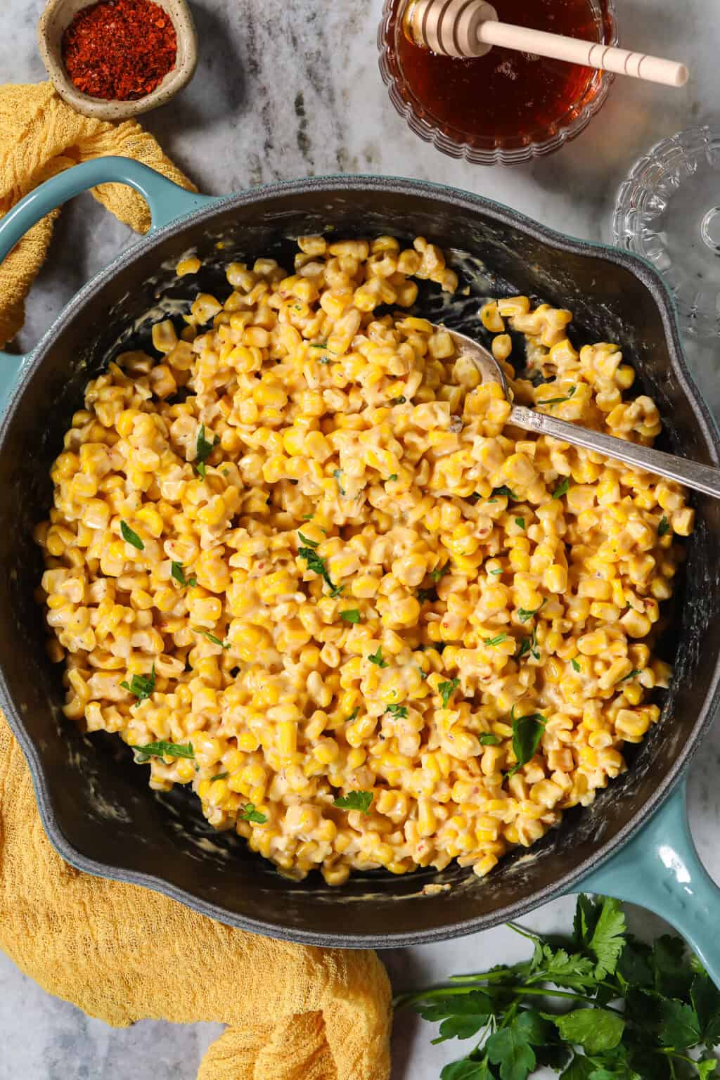 Hot Honey Butter Skillet Corn - Pink Owl Kitchen