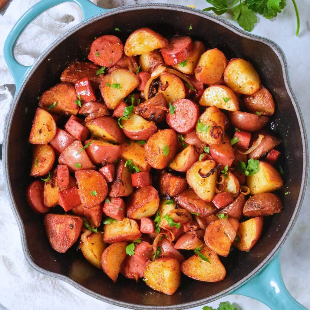 Fried Potatoes with Smoked Sausage - Pink Owl Kitchen